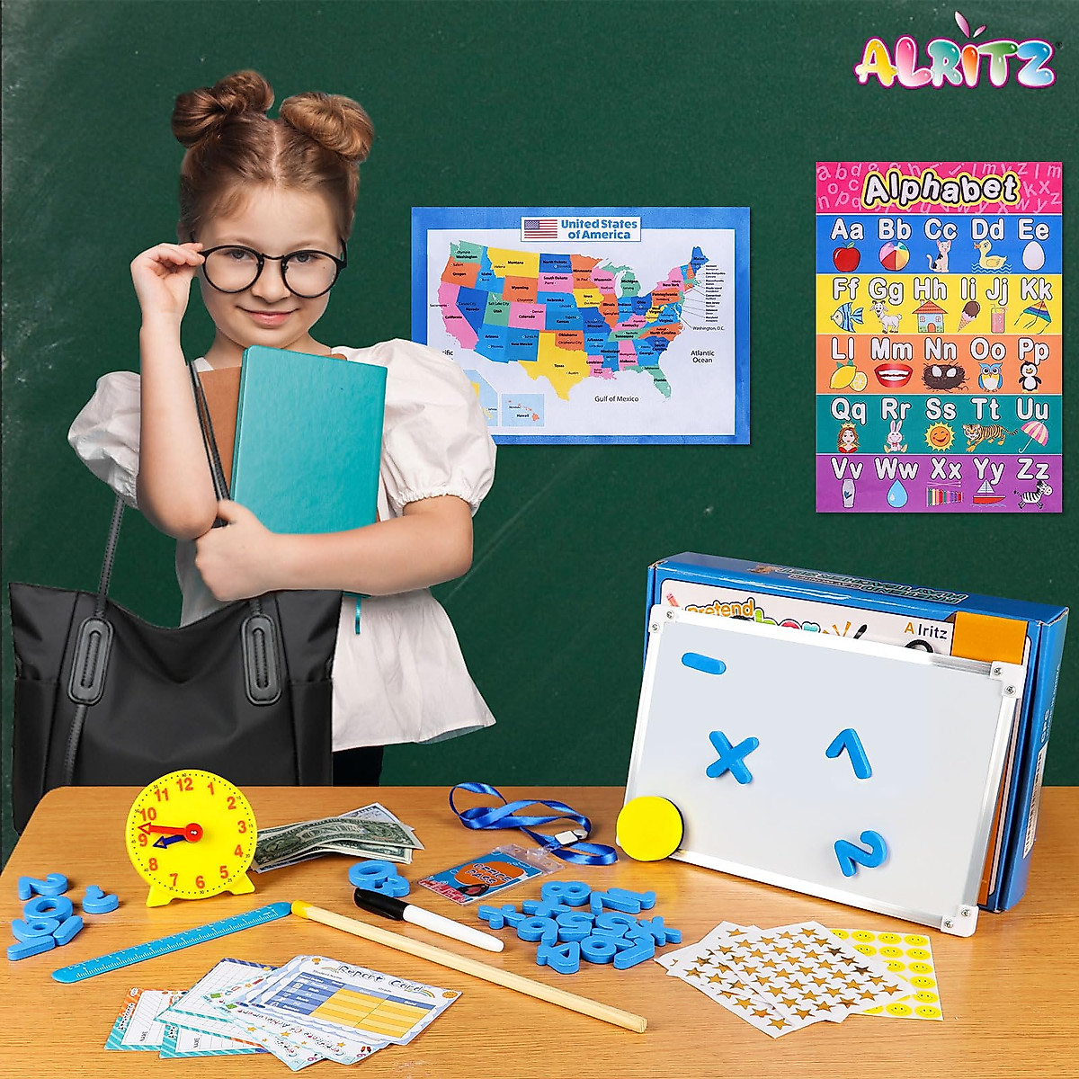 Alritz Pretend Play Teacher Set Classroom Learning Education Includes Reusable White Board Bell Clock and More, Be Teacher Student, for Boys Girls 5 6 7 8 9 10 11 12 Years Old