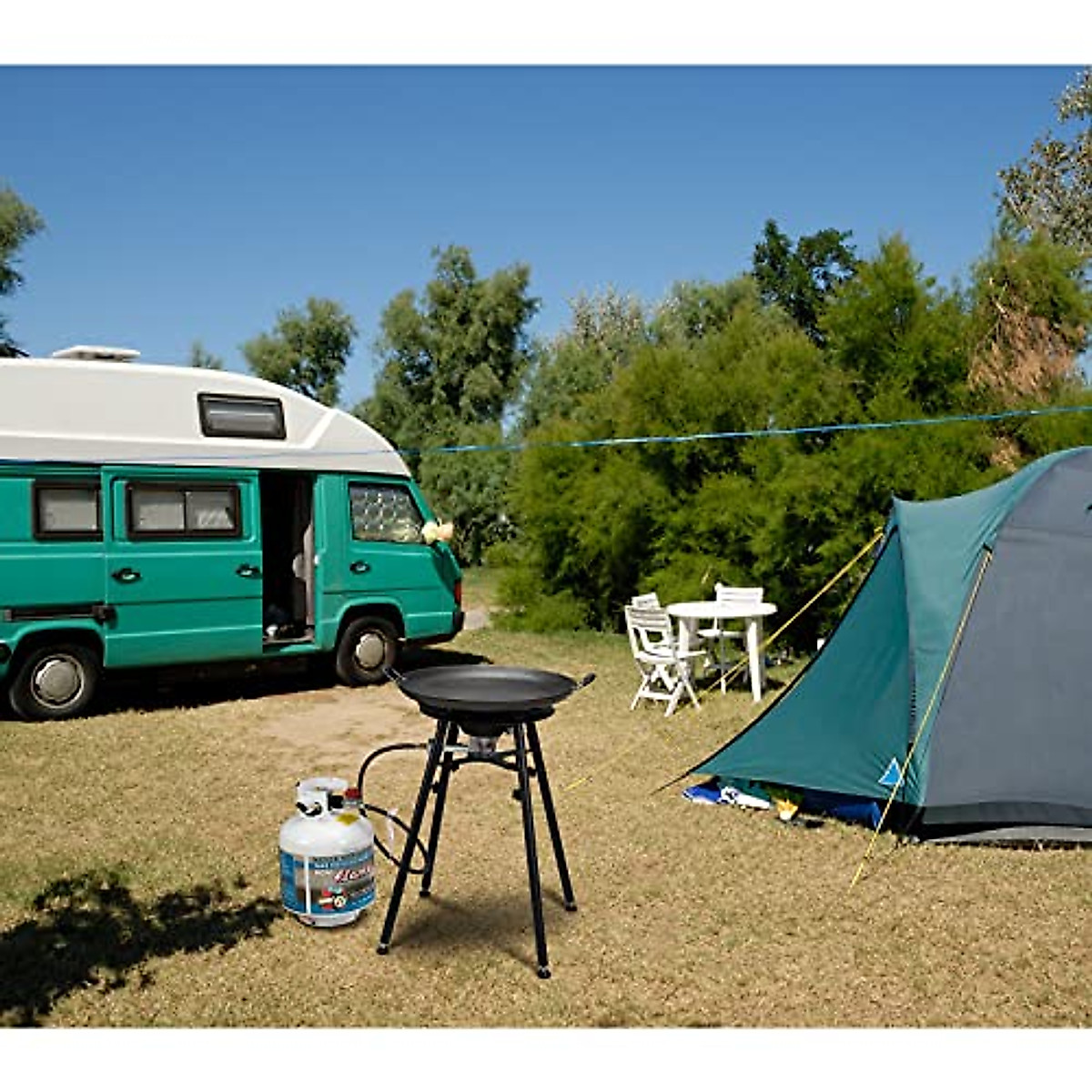 Onlyfire Paella Burner and Stand Set with 21 Inch Frying Pan and Reinforced Legs, GS300 Outdoor Cooking System Portable Propane Cooker with Wok for Backyard Camping RV