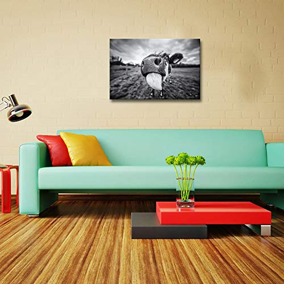 iKNOW FOTO Canvas Print Wall Art Black and White Freedom Highland Cow Pictures Funny Animal Painting Stretched and Framed Artwork for Home Office Decor Ready to Hang 24x36inch