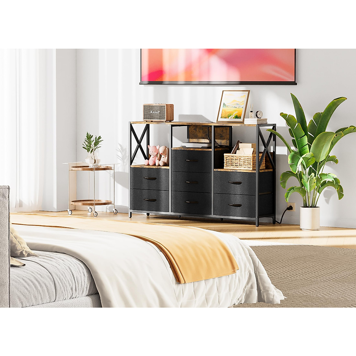 Black Dresser for Bedroom, 53" Dresser TV Stand with LED Light and Power Outlets, 7 Drawers Dressers, Fabric Chest of Drawers with Open Shelf, Large Dressers for Bedroom, Living Room