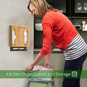 JiocoVino Grocery Bag Holder & Trash Bag Dispenser, Bamboo 2 in 1 Plastic Bag Holder for Grocery Bags and Garbage Bags, Kitchen Under the Sink Organizers and Storage, Fits 13 Gallon Trash Bag