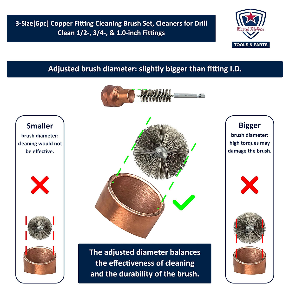 3-Size[6pc] Fitting Cleaning Brush Set (1/2, 3/4, 1.0-inch) Copper Pipe Cleaner for Power Drill, Stainless-Steel Wire Bore Brush, Metal Tube Brushes, Prep Copper/Bronze/Brass Fittings for Soldering