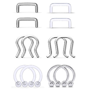 Hoeudjo 12Pcs 16G Septum Retainer Clear Acrylic and Surgical Steel Septum Nose Rings Hoop Horseshoe Cartilage Tragus Septum Ring Body Piercing Jewelry for Women Men Silver-tone