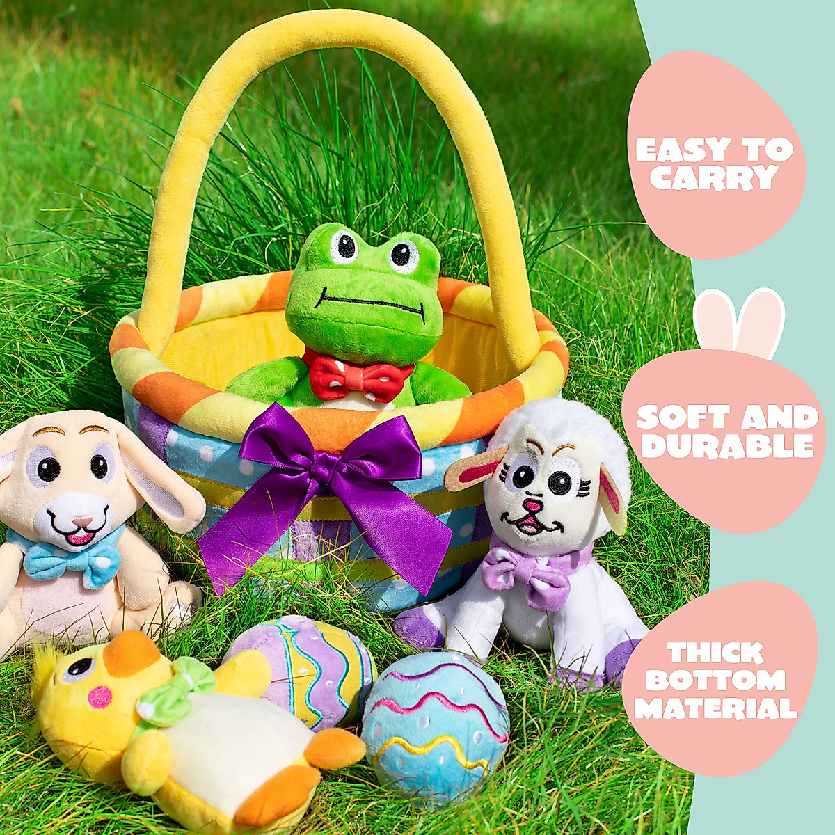 JOYIN 7 PCS Basket for Easter Stuffed Plush Playset for Baby Kids Easter Theme Party Favor, Easter Eggs Hunt, Basket Stuffers Fillers, Party Supplies Decorations