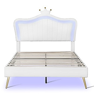 LED Full Bed Frame, Upholstered Platform Bed with Crown Headboard, Modern Faux Leather Princess Beds with Light for Kids Girls Boys Teens, No Box Spring Needed, White