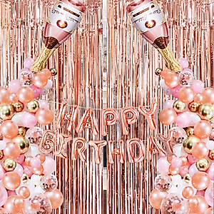 Rose Gold Birthday Decorations for Women, Include Happy Birthday Banner, Rose Gold Champagne Balloon Garland Arch Kit and 2Pcs Rose Gold Fringe Curtain