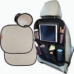 Toddler Car Kit 4 Piece, EZY-Baby Mirror, Back seat Touch Screen Tablet Holder with Pockets Organizer, 2-car Window Sun Visor Shades