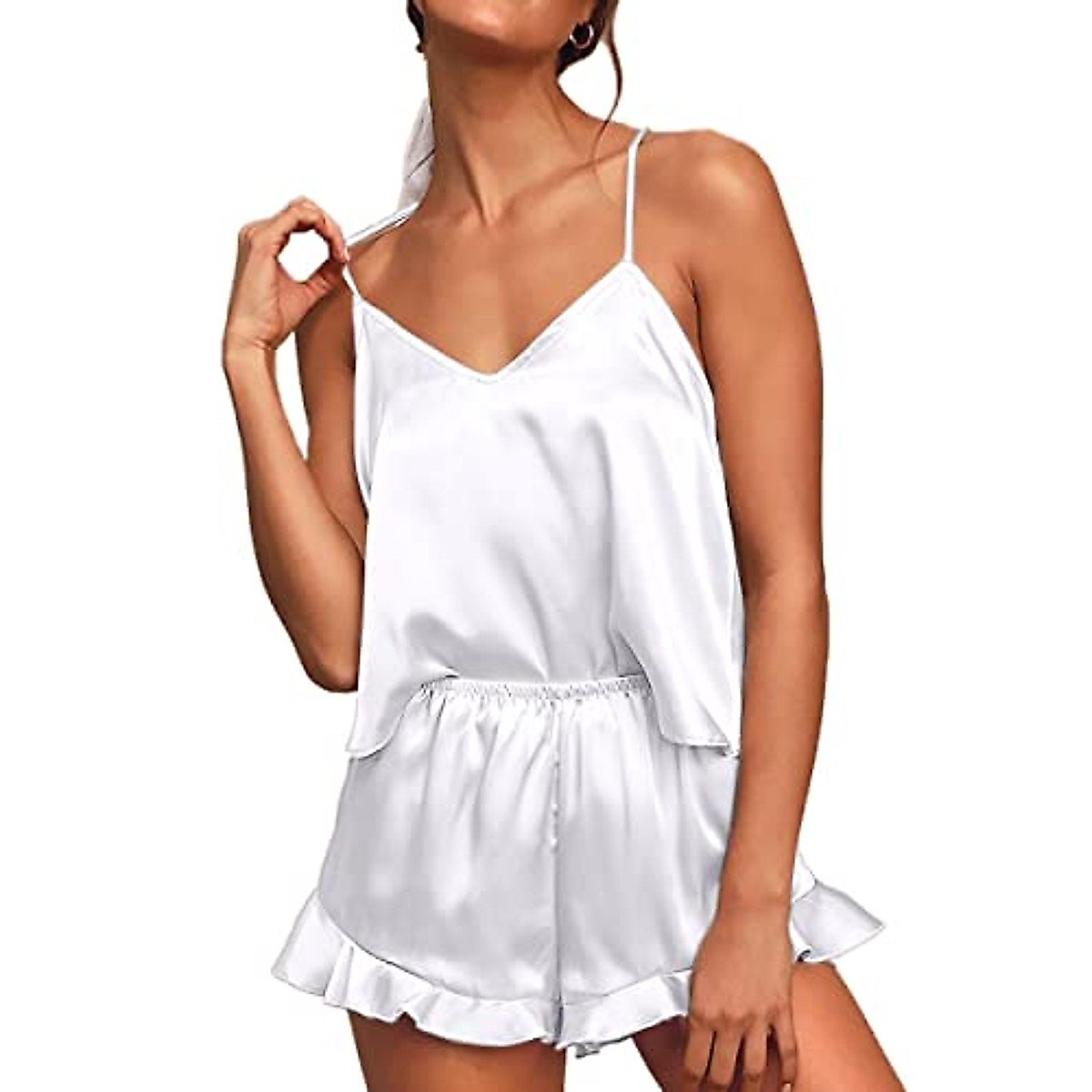 CHYRII Women's Sexy Cami Pajamas Sets Silk 2 PCS Lounge Sets with Ruffled Shorts Sleepwear White S