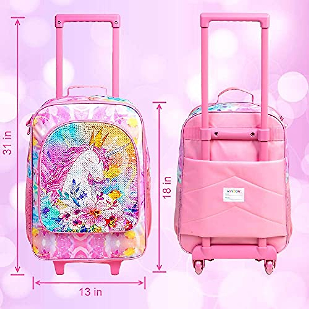 Kids Luggage for Girls, Cute Unicorn Rolling Wheels Suitcase for Toddler Children