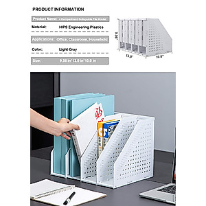 Leven Collapsible Magazine File Holder/Desk Organizer for Office Organization and Storage with 4 Vertical Compartments, Light Grey