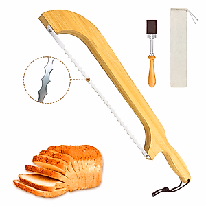 AmaCielo Bread Bow Knife, Bread Knife for Homemade Bread, 16.5 Inch Wooden Double-Sided Serrated Bread Slicer, Bread Cutter for Sourdough, Bagels, Baguettes, Premium Stainless Steel