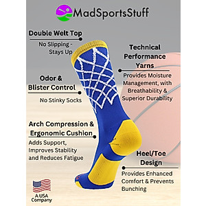 MadSportsStuff Crew Length Elite Basketball Socks with Net (Royal/Gold, Medium)
