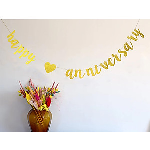 Happy Anniversary Glitter Banner, Bridal Shower, Engagement, Bachelorette,Wedding Announcement Party Photo Props(Gold)
