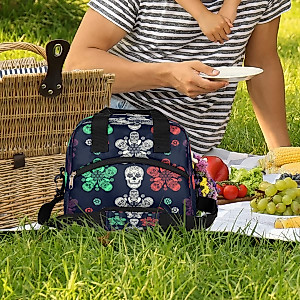 Insulated Lunch Bag for Women Men Colorful Floral Goth Mexican Skull Lunch Box Reusable Lunch Cooler Bag Large Lunch Tote Bag for Work Picnic Travel School