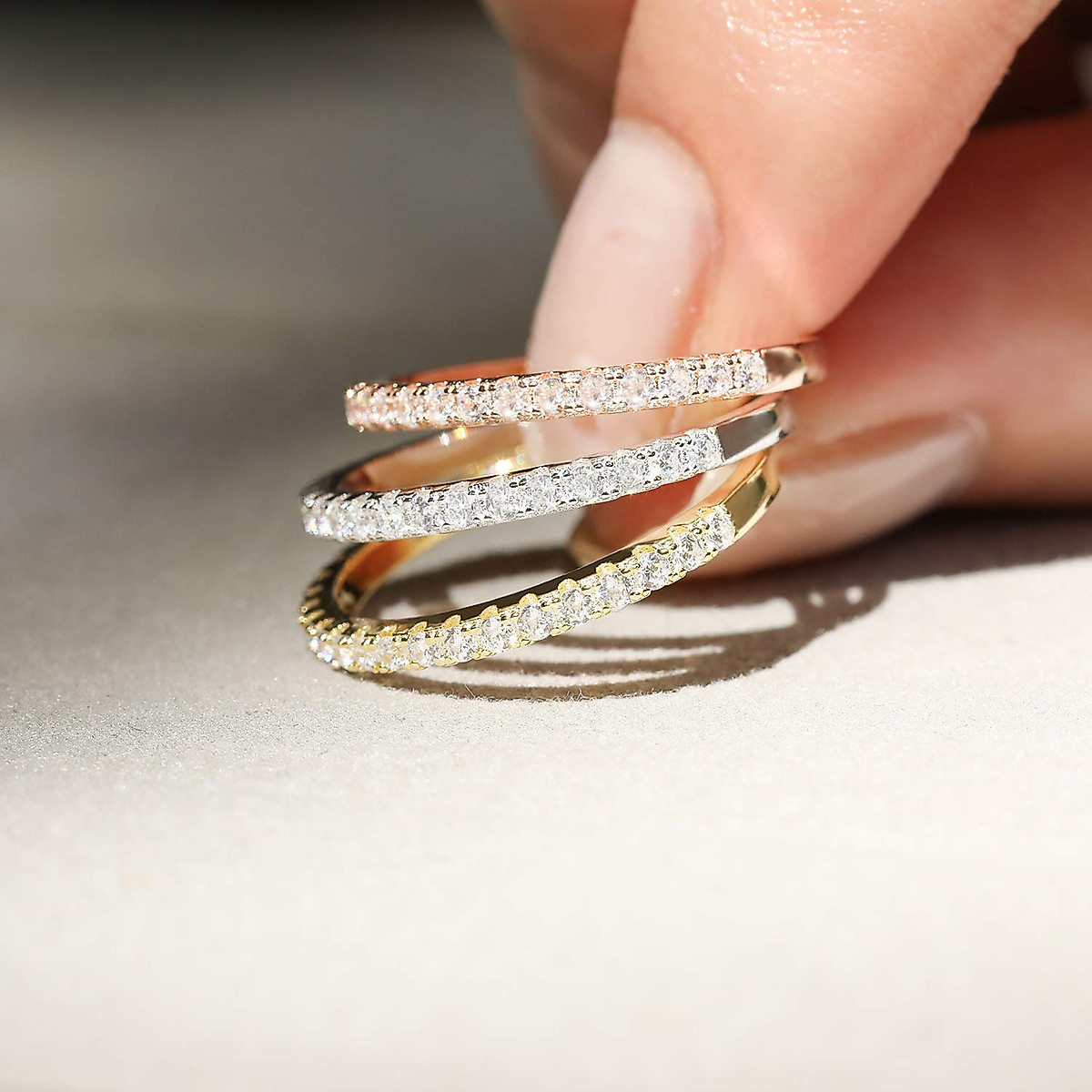 EAMTI 2mm 925 Sterling Silver Wedding Band Cubic Zirconia Half Eternity Stackable Engagement Ring Size 7