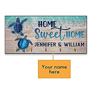 MUCHNEE Personalized Beach House Key Holder for Wall - Home Sweet Home, Customized Key Hook Decor for Kitchen, Living Room - Gifts with Custom Family Name for Couple, Wife, Husband, Family, Friends