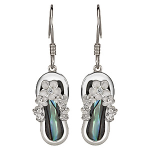 Sterling Silver Natural Abalone Shell CZ Plumeria Flower Flip Flop Slipper Dangle Hook Earrings, EMVsseas11fh
