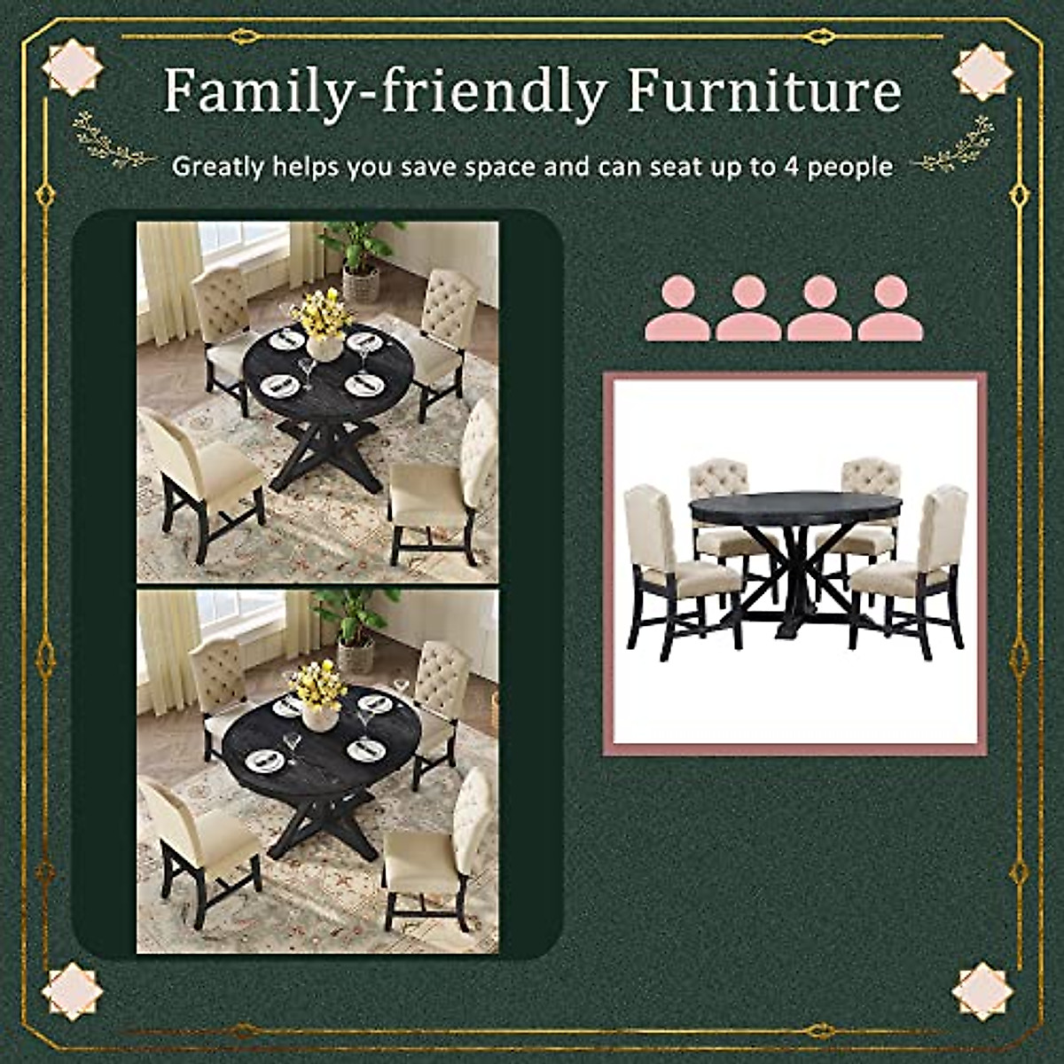 Dinehome 5-Piece Retro Style Wooden Extendable Round Dining Table Set with 4 Upholstered Chairs, Espresso