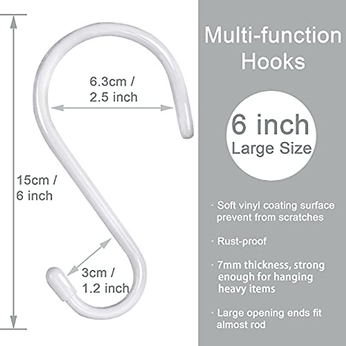 6 Inch White S Hooks, Large Vinyl Coated S Hooks Heavy Duty Non Slip Metal Closet Rod Hooks for Hanging Plants Outdoor Lights Jeans Clothes Bags Pot Pan Cups Tools - 4 Pack