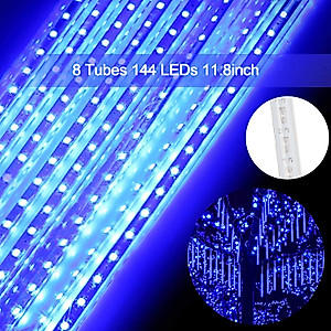 Christmas Decorations, Outdoor Solar Christmas Lights, 12 inch 8 Tube 144 LED IP65 Waterproof Falling Meteor Shower Rain Lights for Holiday Xmas Wedding Party Garden Home Patio Yard Tree Decor (Blue)