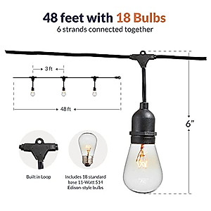 Newhouse Lighting Outdoor String Lights with Hanging Sockets Weatherproof Technology Heavy Duty 48-foot Cord 18 Lights Bulbs Included (3 Free Replacement), Black