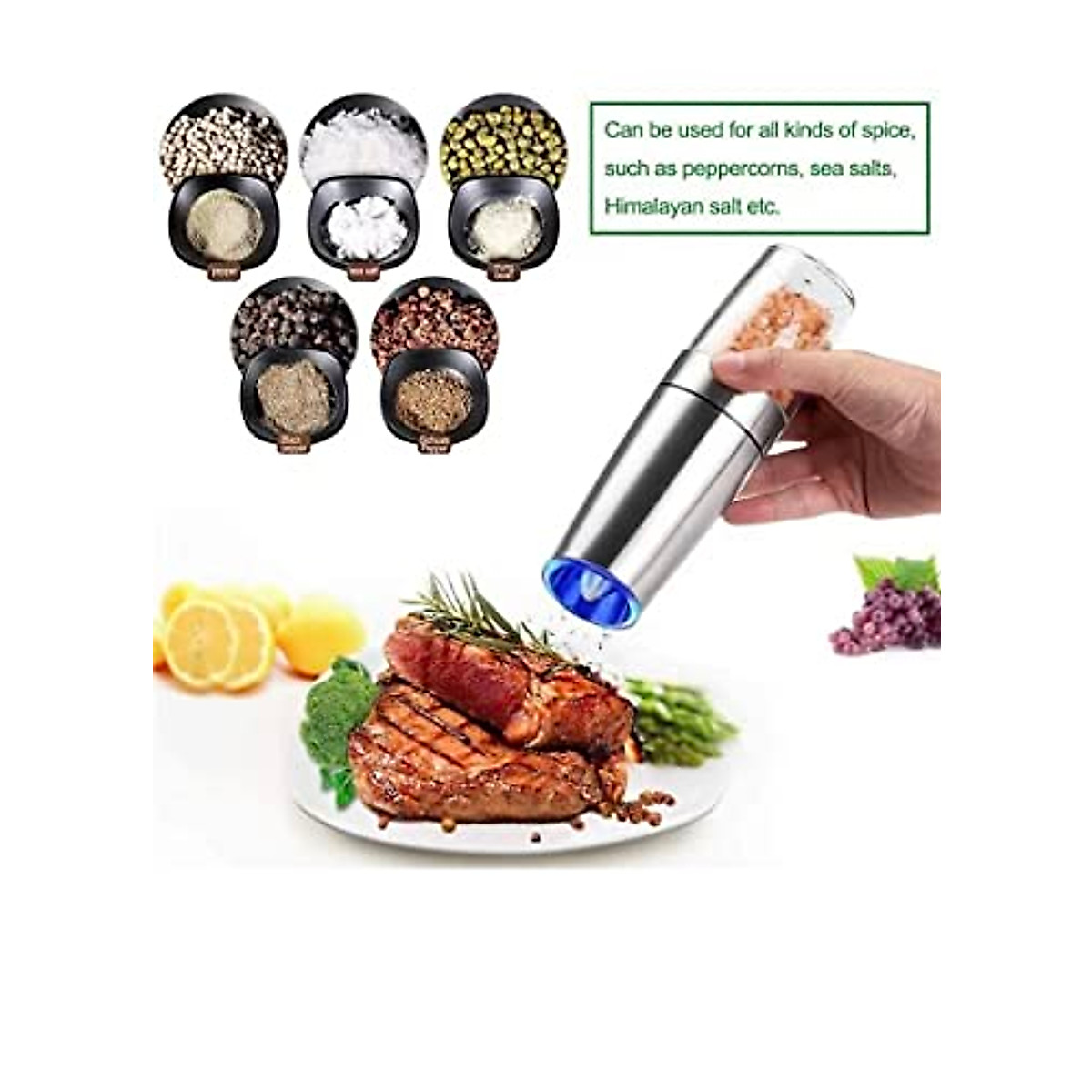 Gravity Electric Salt and Pepper Grinder Set, Battery operated, Stainless Steel, Adjustable Coarseness, LED light, One Hand Automatic Operation, 2 pack