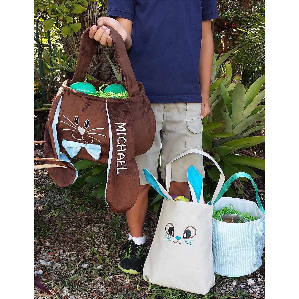 Personalized Easter Basket (Blue Chocolate) Plush Easter Basket Tote Bunny Bucket Embroidered with Kids Name