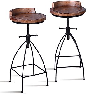 Diwhy Industrial Vintage Rustic Bar Stool,Wooden Top Stool Kitchen Counter Height Adjustable,Iron Stoo,Swivel Stool,24 Inch,Low Backrest,Hump Surface,Fully Welded Set of 2 (Brown Wooden Top)