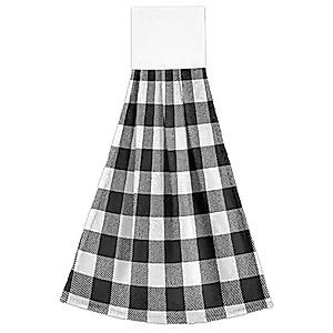 xigua Black and White Buffalo Plaid Hanging Kitchen Hand Towels Set of 2, Absorbent Soft Dish Towel with Loop Coral Fleece Dish Cloth Tie Towels for Bathroom Kitchen Home Decor