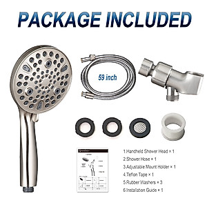 High Pressure Handheld Shower Head, 10-Setting Showerhead, 4.7”Detachable Showerhead Set with 5ft Hose, Adjustable Bracket and Built-in Power Wash to Clean Tub, Tile & Pets - Brush Nickel