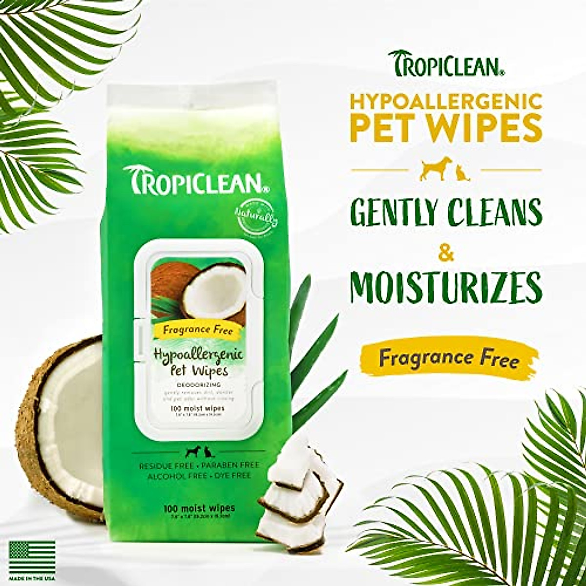 TropiClean Hypoallergenic Dog Wipes for Paws and Butt | Fragrance Free Dog Grooming Wipes | Safe for The Face | Puppy & Cat Friendly | 100 Count