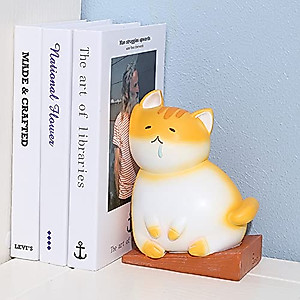 HyJeryty Cat Bookends for Kids, Lovely Resin Cartoon Cat Bookends Door Stopper, Cool Bookends for Heavy Books, Unique Book Holders with Anti-Slip Base (Big Orange)