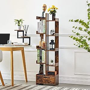 Gannyfer Tree Bookshelf with Drawers,Narrow Free Standing Open Bookshelves,Mid-Century Modern Bookcase Storage Organizer Shelf,Tall Retro Wood Book Shelves for Small Spaces Bedroom,Office,Classroom