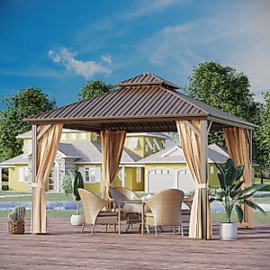 GAZEBEST 12x12 ft Hardtop Gazebo Outdoor Aluminum Patio Gazebo Double Roof Galvanized Steel Canopy with Netting and Curtains for Garden, Backyard,Deck and Lawns