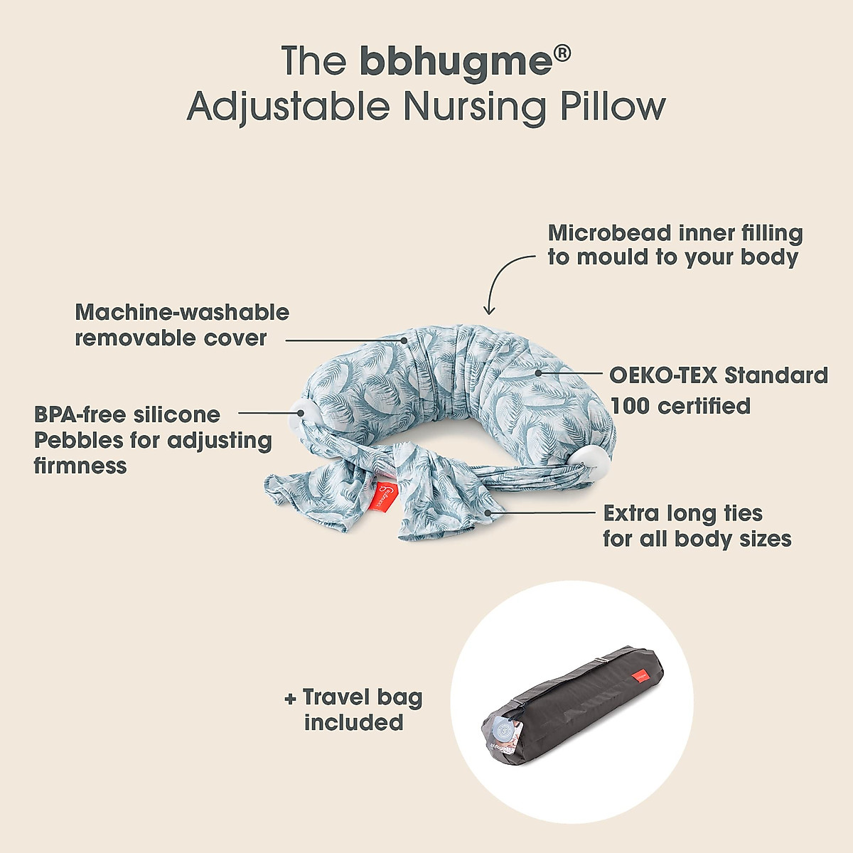 bbhugme Adjustable Nursing Pillow - Breastfeeding, Bottle Feeding, Baby Support - Adjustable Firmness and Fit - Washable Pillow Cover - Feather Blue