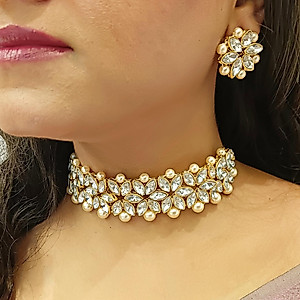 Efulgenz Crystal Pearl Choker Necklace Indian Jewelry Sets for Women Indian Jewelry Faux Pearl Floral Crystal Choker Necklace Stud Earrings Bollywood Wedding Choker Necklace for Women