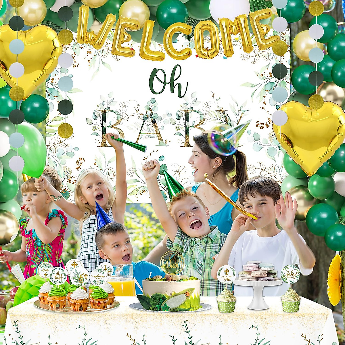 Sage Green Baby Shower Decorations, Neutral Baby Shower Party Decorations for Boy Girl with Oh Baby Backdrop, Tablecloth, Cake Topper, Balloon Garland, Dots Banner for Woodland Safari Gender Decor