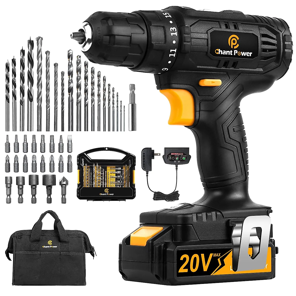 C P CHANTPOWER Rechargeable Drills, 20V Electric Power Cordless Drill with Battery and Charger, 16+1 Torque Setting, Variable Speed, Max 1350 RPM, 3/8" Keyless Chuck, LED Light for Drilling Wood,Metal