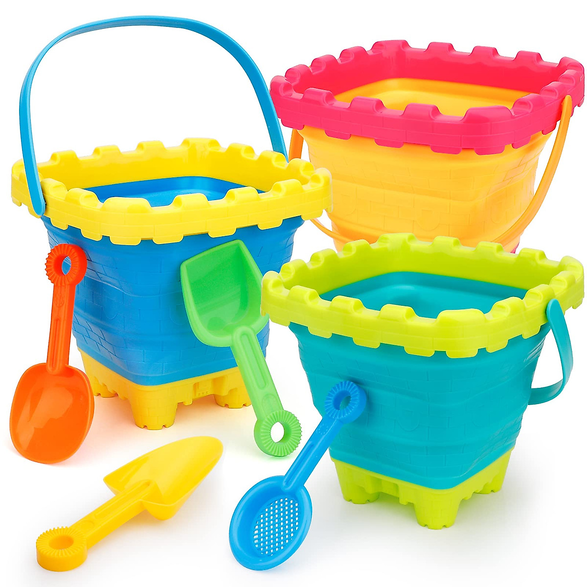 7 PCS Castle Foldable Beach Sand Buckets Toy Set with Shovels Scoop Sifter for Kids, 3L Silicone Collapsible Bucket Pails for Toddler, Summer Toy, Sandbox Kit Camping Gear Beach Essential Gift