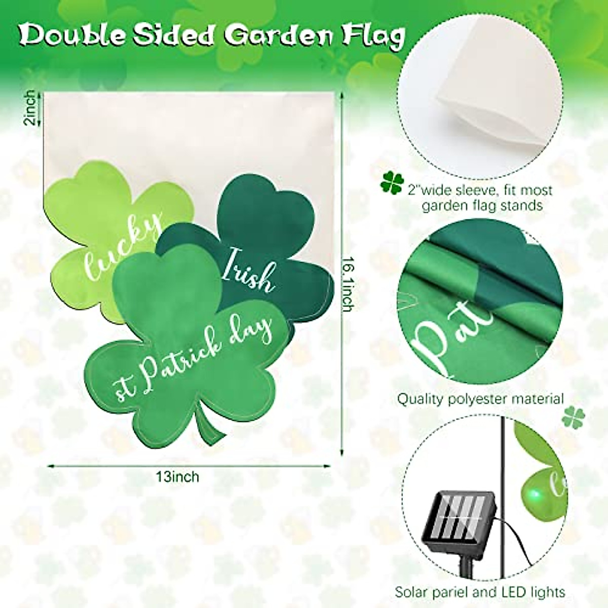 22 LED Solar St Patrick's Day Garden Flag 8 Lighting Modes 13 x 16.1 Inch Double Sided Vertical Shamrock Garden Flag for St Patrick's Day Garden Outdoor Yard Light Decoration