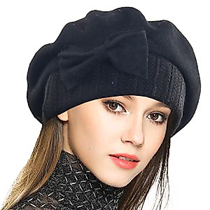 VECRY Lady French Beret 100% Wool Beret Floral Dress Beanie Winter Hat (Bow-Black)