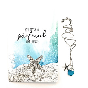 Smiling Wisdom - The Starfish Story - You Make a Profound Difference Greeting Card and Necklace Gift Set - Women (Handmade Coil, Sea Glass)