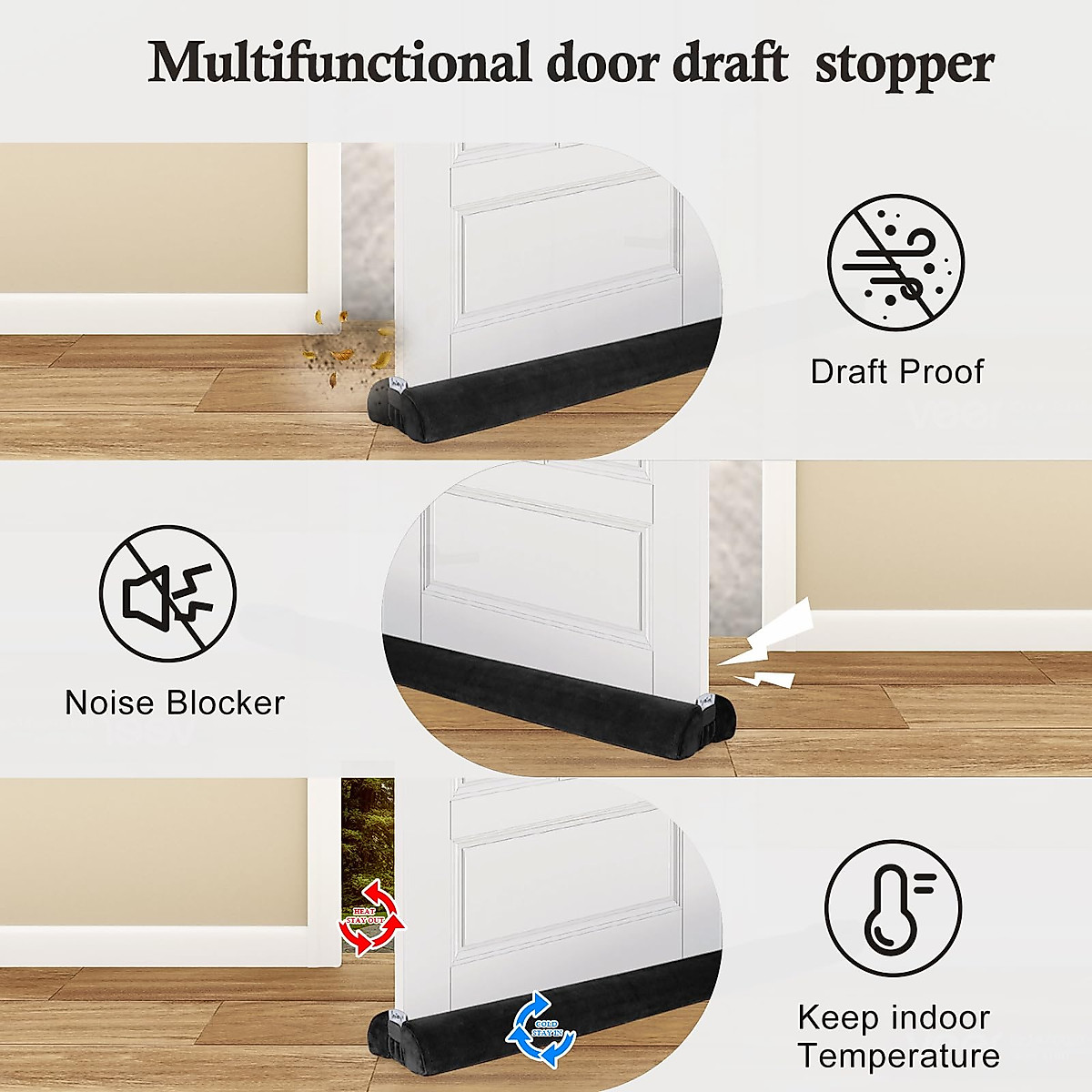 fowong Under Door Draft Stopper 30" to 36" Adjustable Draft Stopper for Bottom of Door, Soundproofing Noise Blocker Seal Gap up to 1.7", Easy to Install, Black