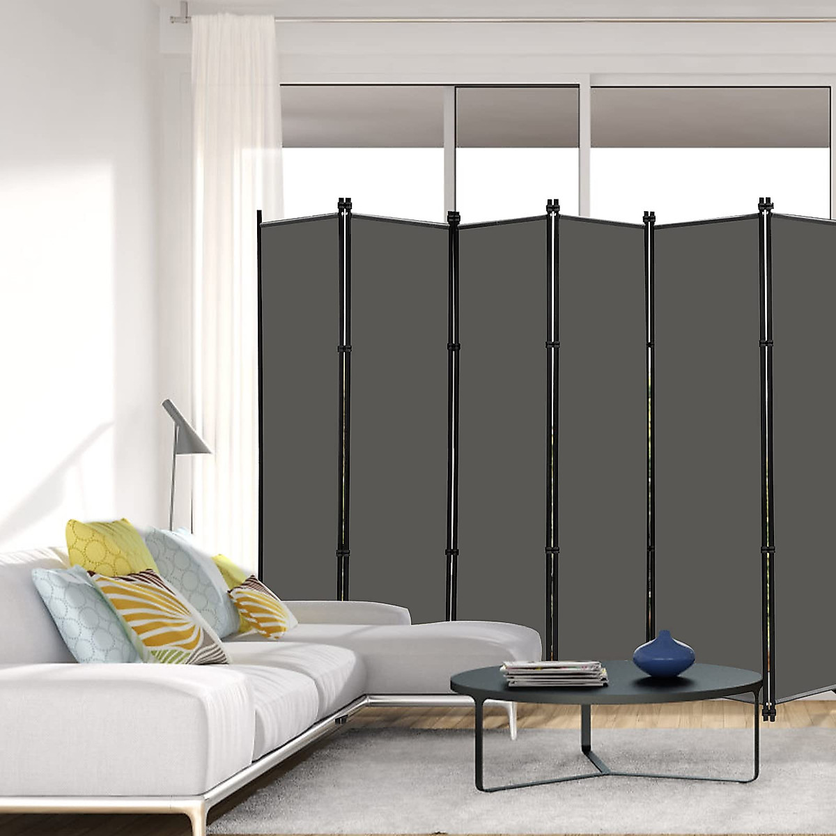 MAYOLIAH 6 Panel Folding Privacy Screen 9ft Wide, 6ft Tall Partition Room Divider Portable Office Walls Dividers Room Separator, Grey