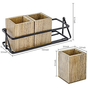 MyGift Natural Solid Mango Wood Flatware Holder with Black Metal Wire Display Tray with Handle, Kitchen Countertop Dining Utensil Caddy, 4 Piece Set - Handmade in India