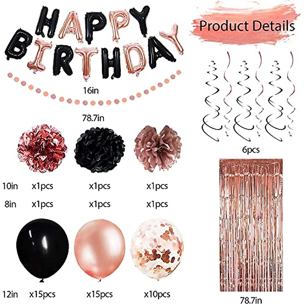 Black Rose Gold Birthday Party Decorations for Women Girls, 78 Pack Black Rose Gold Confetti Balloons, Curtains, Paper Flowers, Hanging Swirl and Circle Dot Garland for Girl Women