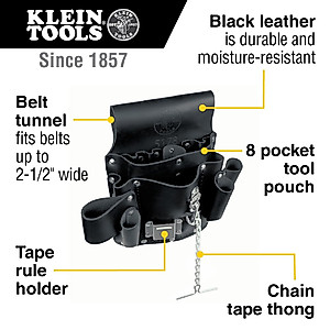 Klein Tools 5178 Pocket Tool Pouch, Leather, Tunnel Loop Belt Connection, Black