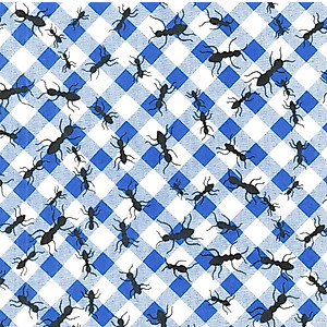 A. E. Nathan Black Picnic Ants on Blue and White Checkered Comfy Cotton Flannel Fabric by The Yard