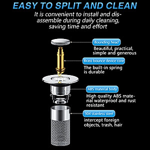 Bathroom Sink Drain Strainer, Pop Up Sink Drain Filter with Removable Stainless Steel Filter Basket Hair Catcher, Bathroom Sink Drain Stopper, for Us Bathroom Sink Stopper Replacement (2pcs)