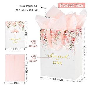 Crisky 13" Large Bridal Shower Bag with Bridal Shower Card Flower (Showered with Love) Gift Bag with Tissue Paper, Gift Card for Wedding, Bridal Shower, Engagement Party